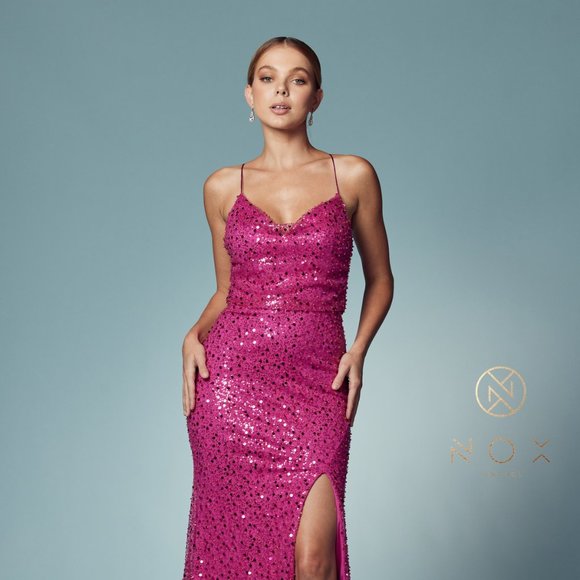 NOX | Dresses | New Long Off The Shoulder Sleeveless Sheath Embroidered Sequins Dress Nx R31 ...